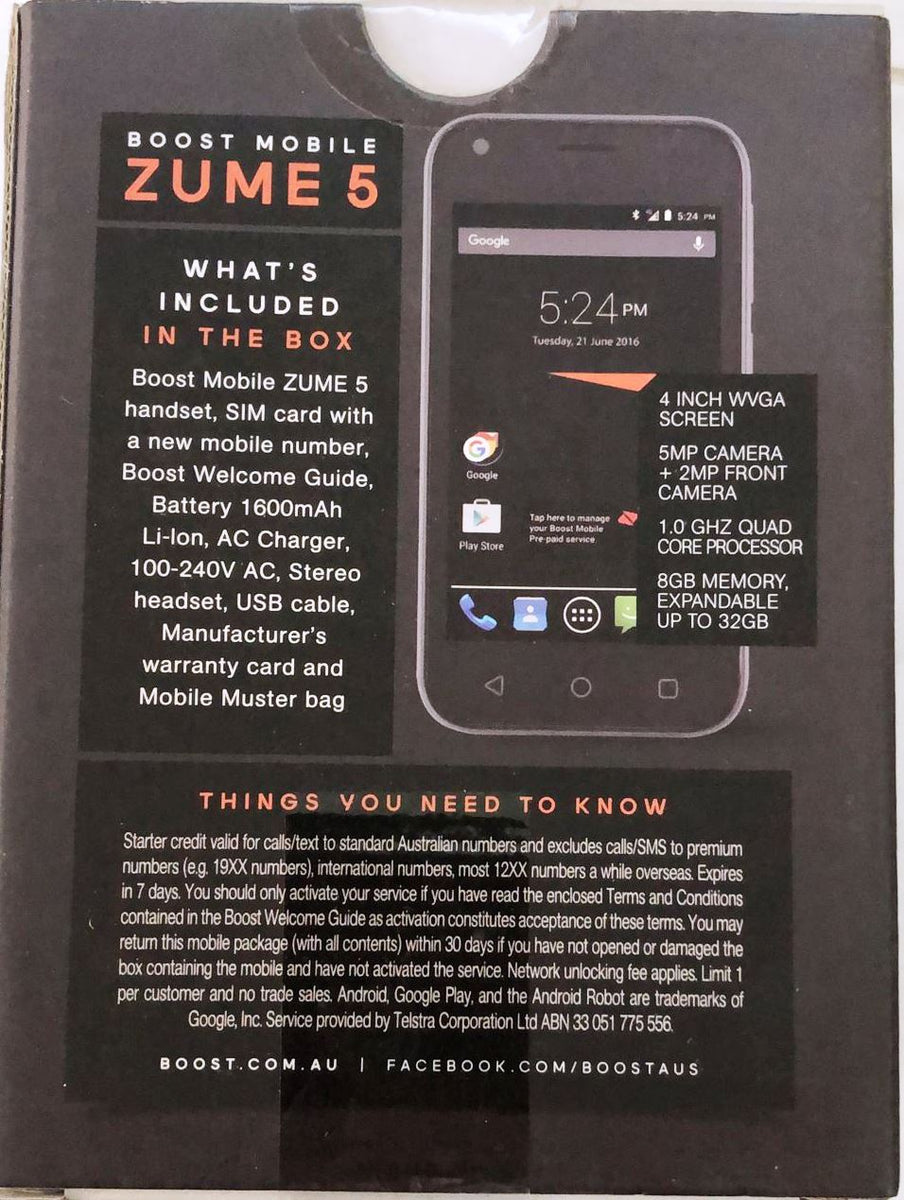 Boost Mobile ZUME 5 4G Smart Phone Locked to Boost & Telstra - Black ...