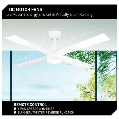 Arlec 120cm White 4 Blade LED Ceiling Fan/ 6 Speed Remote Control/ Rev ...