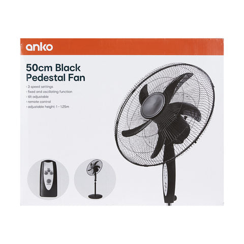 Anko 50cm Black Pedestal Fan - Remote Control with 3 Speed Settings ...