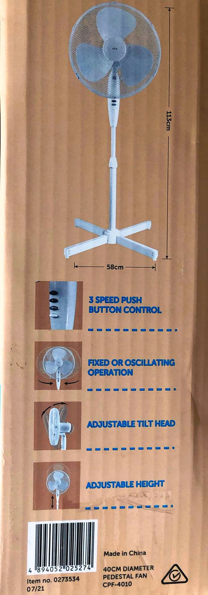 Click 40cm White Pedestal Fan/3 Speed/Oscillating/adjustable Height/Sa ...