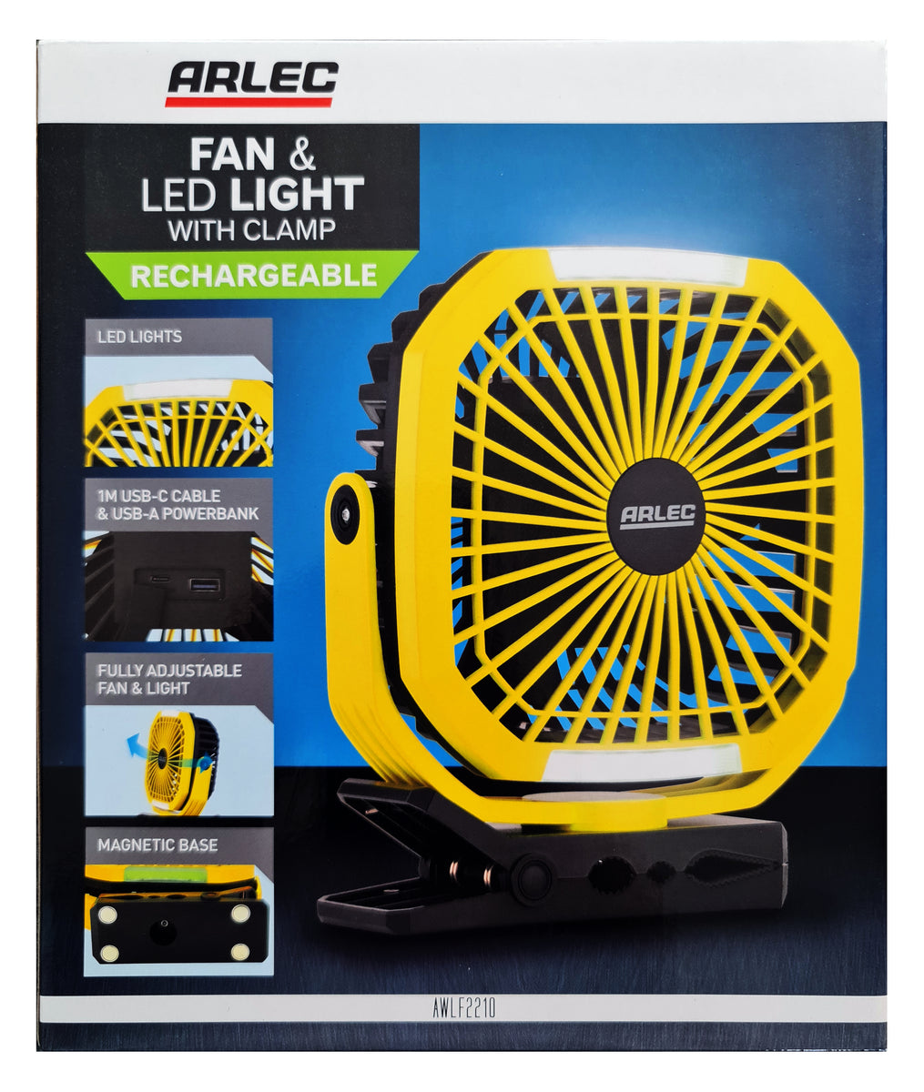 Arlec Rechargeable Fan & LED Light with Clamp for Outdoors & Worksites ...