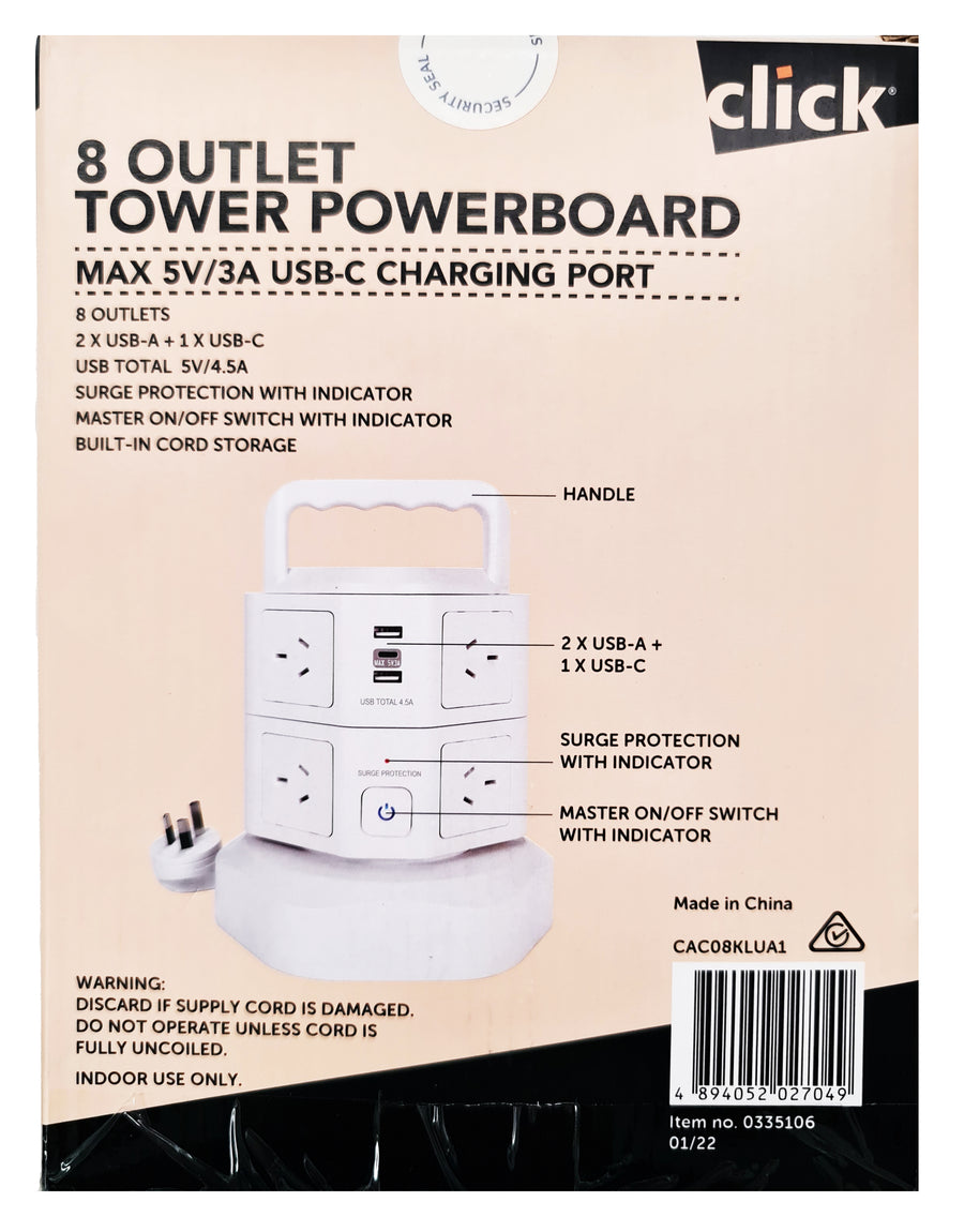 Click 8 Outlet Tower Powerboard/3A USB-C Charging Port – TheITmart