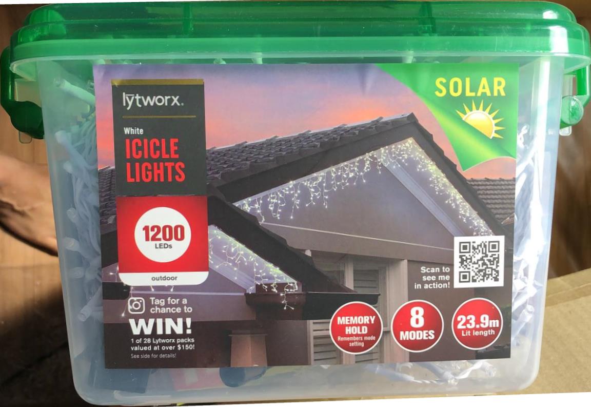 Lytworx 1200 LED Solar Icicle Lights - White /8 Functions with Mem Hol ...