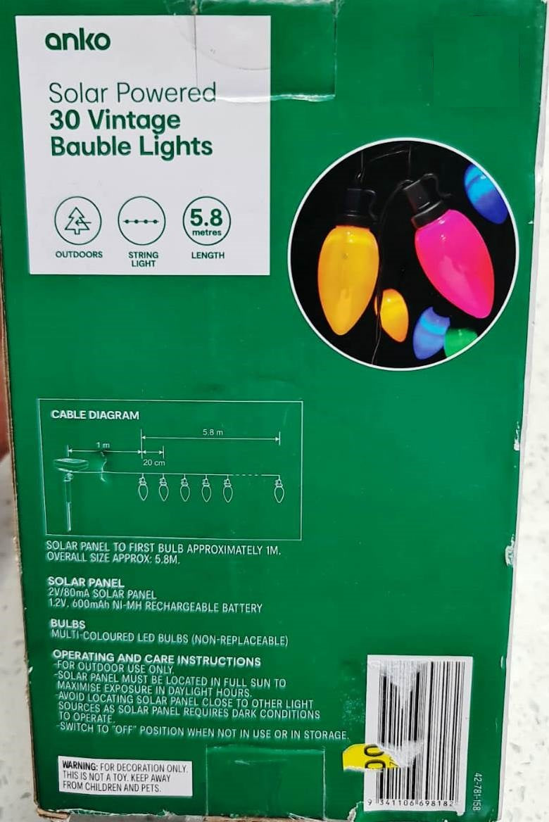Solar Powered 5.8m 30 Vintage Bauble Lights - Multicolour – TheITmart