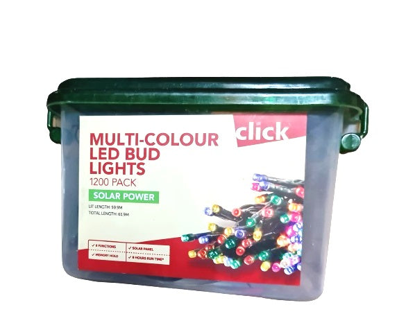 CLICK Multi-Colour 1200 LED Solar BUD Lights / 59.9m Lit Length / 8 Fu ...