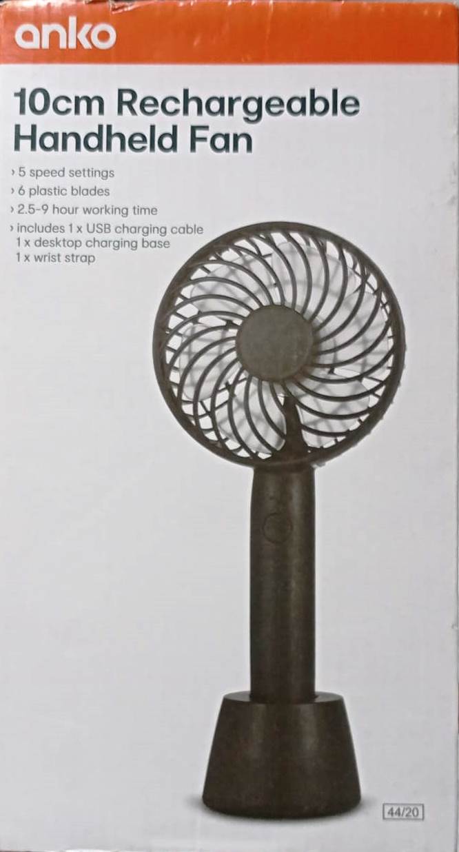 Anko 10cm Rechargeable Handheld Fan - Black / 5 Speed Settings / 4-6 H ...